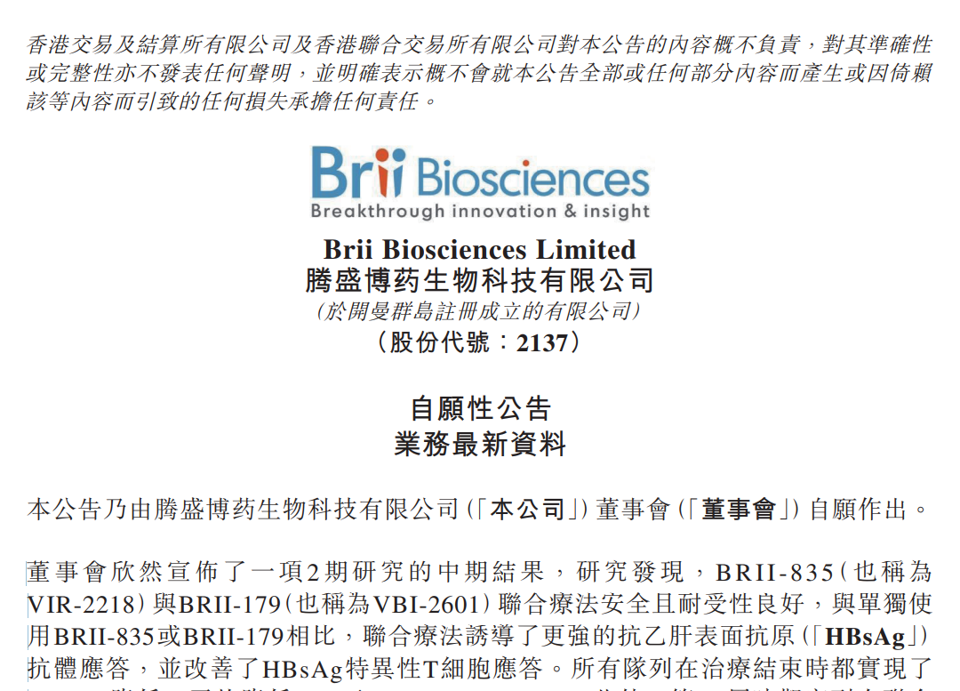 腾盛博药：BRII-835与BRII-179联合疗法安全且耐受性良好 - 动点科技